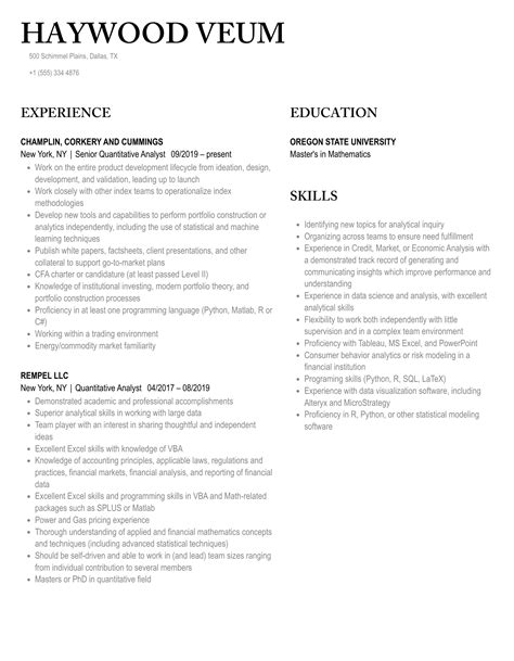 Quantitative Analyst Resume Samples Velvet Jobs