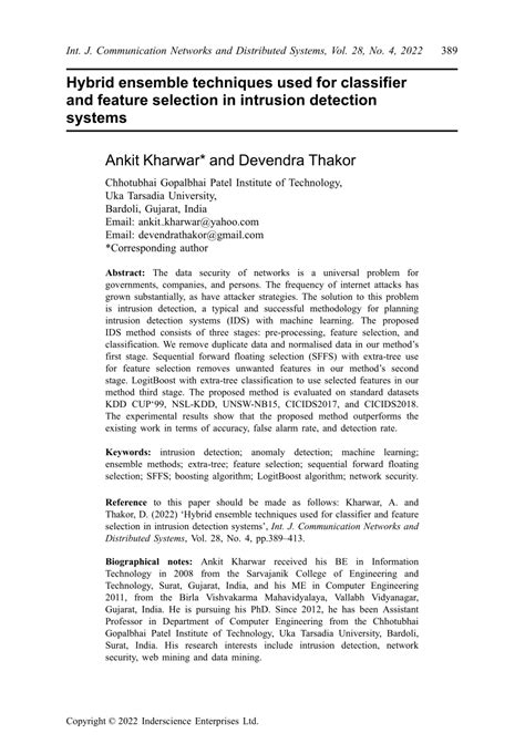pdf hybrid ensemble techniques used for classifier and feature selection in intrusion