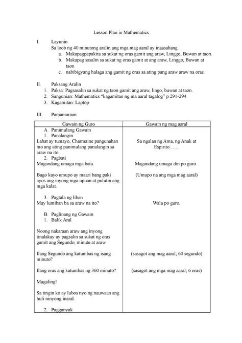 Lp Mathh Lesson Plan Lesson Plan In Mathematics I Layunin Sa Loob