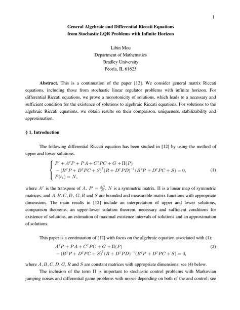 pdf general algebraic and differential riccati equations from stochastic lqr problems with