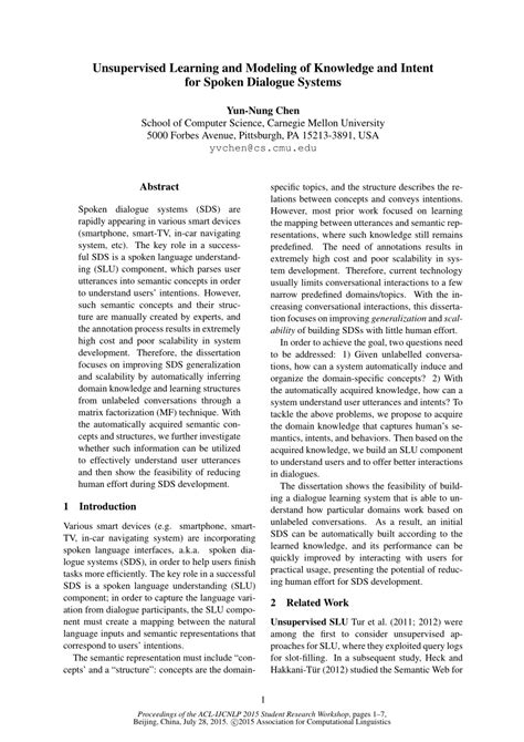 pdf unsupervised learning and modeling of knowledge and intent for spoken dialogue systems