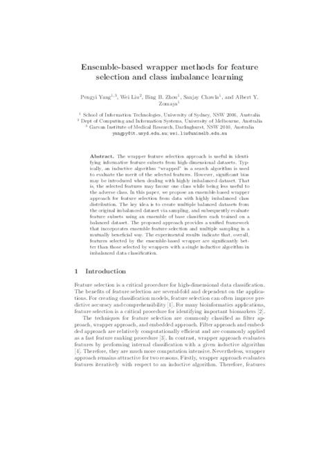 pdf ensemble based wrapper methods for feature selection and class imbalance learning albert