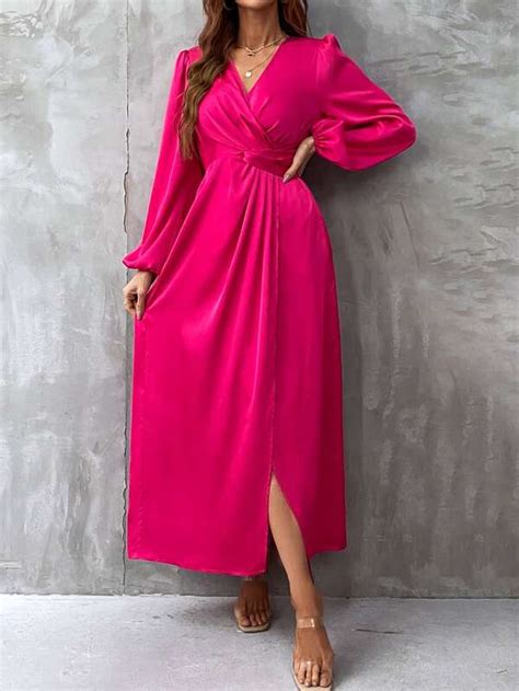 SHEIN Clasi Lantern Sleeve Twist Front Wrap Hem Dress SHEIN USA