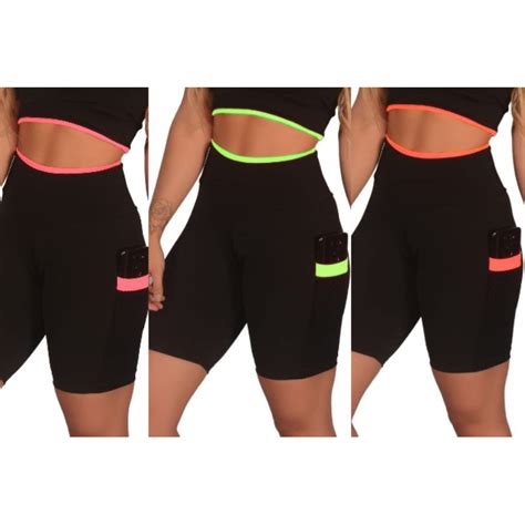 Kit 3 Short Feminino Fitness Academia Bolso De Tela Porta Celular