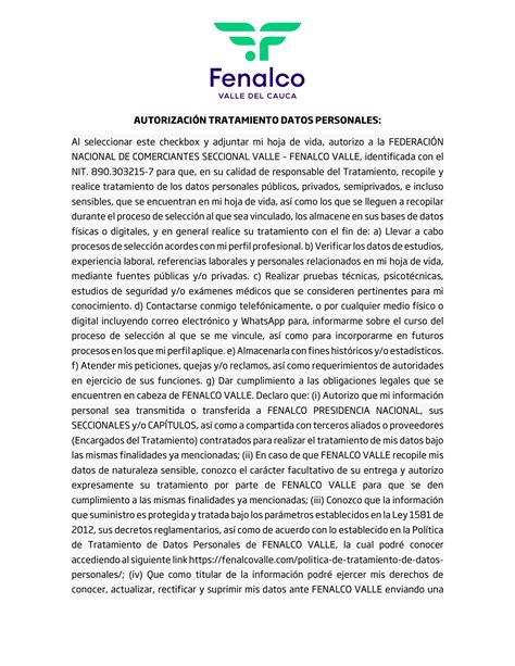Autorizaci N Tratamiento De Datos Personales Pdf Docdroid