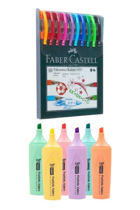 Faber Castell 10 Renk Tükenmez Kalem 1425 Mikro 6 Renk Pastel Fosforlu
