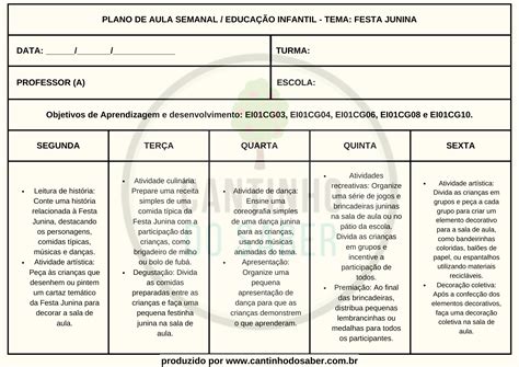 PLANO DE AULA EDUCAÇÃO INFANTIL FESTA JUNINA BNCC Pedagogia