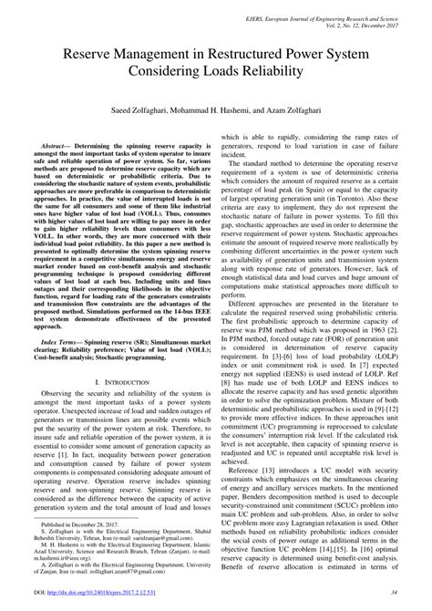 pdf reserve management in restructured power system considering loads reliability
