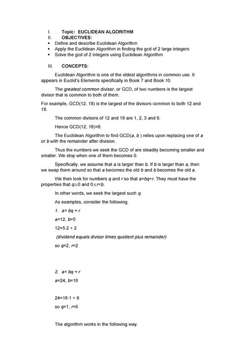 5 Euclidean Algorithm Leiceleth P I Topic Euclidean Algorithm Ii Objectives Define And