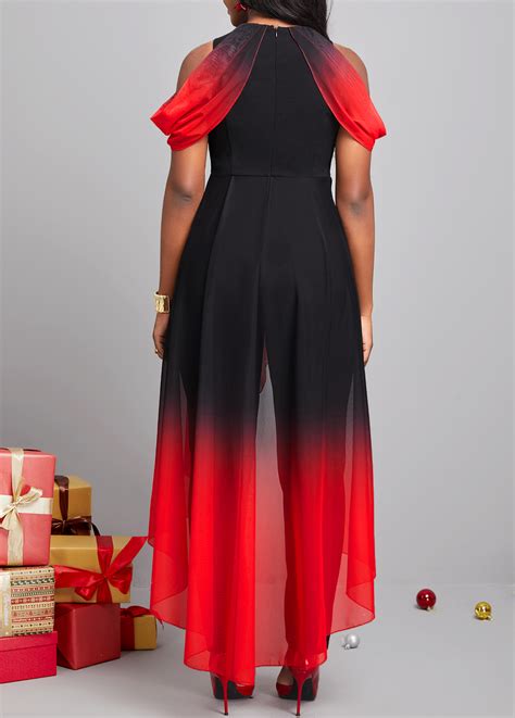 ROTITA Asymmetry Ombre Red Ankle Length Round Neck Jumpsuit Rotita