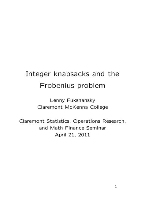 pdf integer knapsacks and the frobenius problem