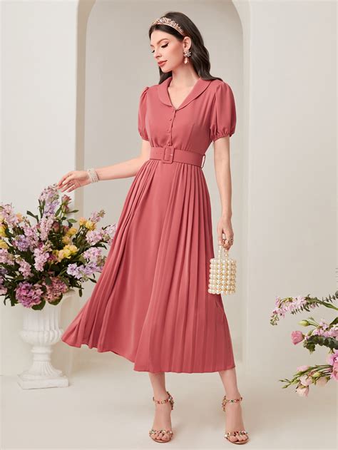 SHEIN Modely Vestido de cuello esmoquin de manga farol con cinturón