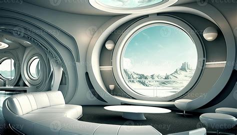 Luxurious Living Room Of Futuristic Space Ship With Glass Windows