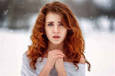 Wallpaper Model Redhead Long Hair Curly Hair Freckles Face Portrait Bare Shoulders