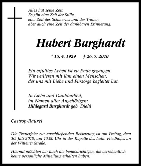 Traueranzeigen Von Hubert Burghardt Trauer In NRW De