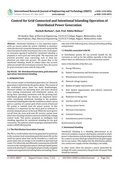 irjet control for grid connected and intentional islanding operation of distributed power