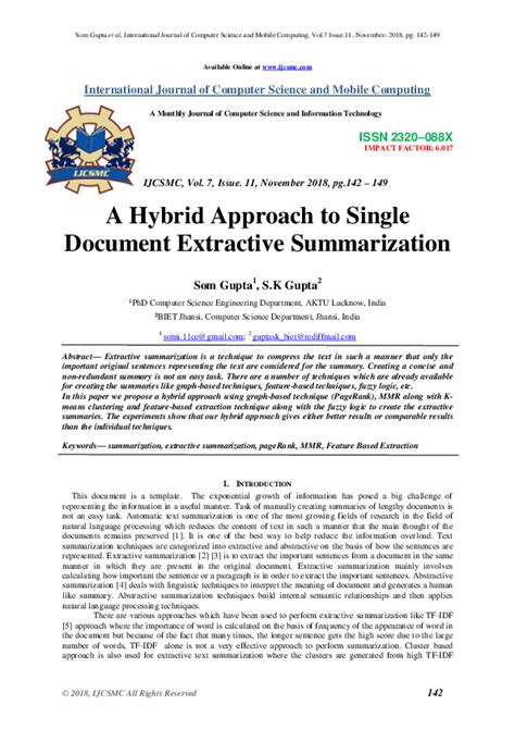 pdf a hybrid approach to single document extractive summarization ijcsmc journal