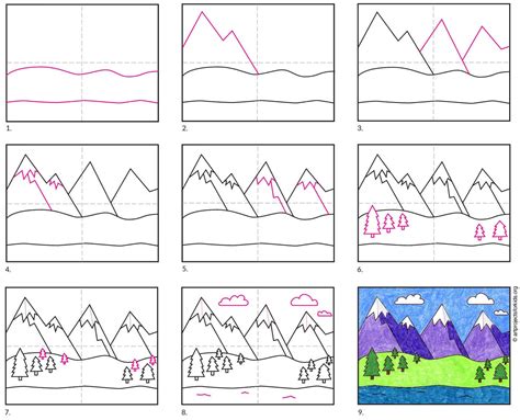 Easy How To Draw Mountains Tutorial Video And Coloring Page