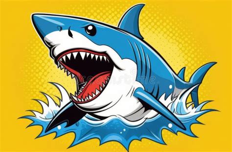 A Illustrated Cartoon Shark With A Gaping Mouth Set Against A Pop Art Style Yellow Background