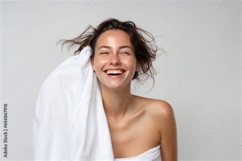 Attractive Woman Face In Towel Beauty Portrait Of A Smiling Attractive