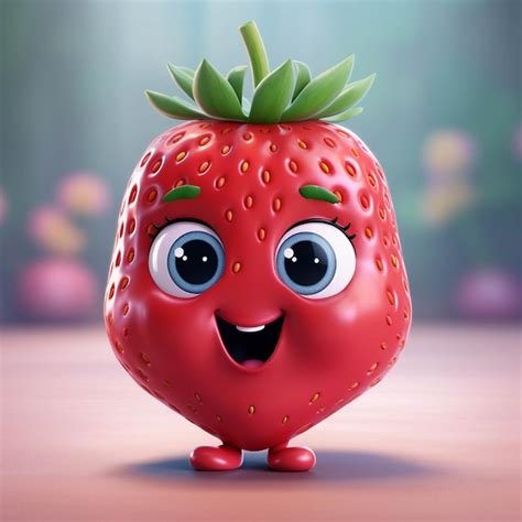 Personaje de dibujos animados de fresa con expresión feliz en su rostro