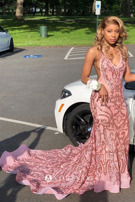 Halter V Neck Rose Gold Sequin Mermaid Prom Dress Xdressy
