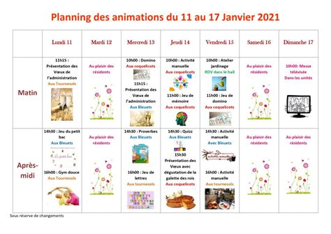 Planning des activités EHPAD Fouquières Coquelicots et Bleuets