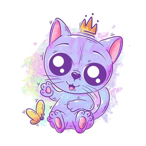 Lindo Gato Jugando Con Vector De Dibujos Animados De Mariposa Vector
