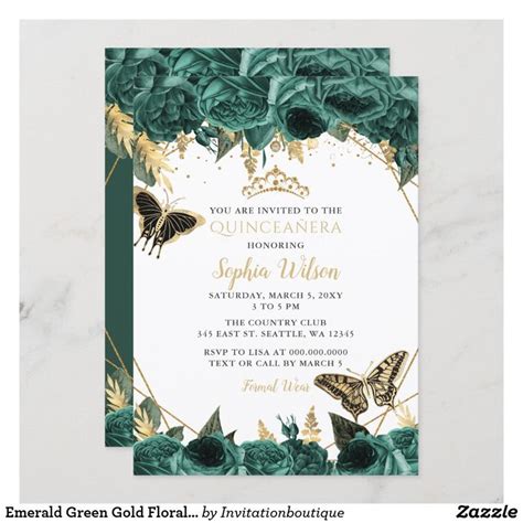 Emerald Green Gold Floral Butterfly Quinceañera Invitation Zazzle