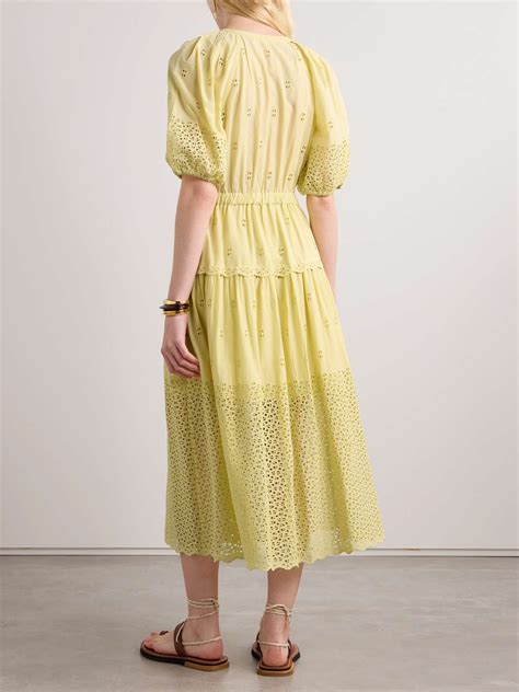 ULLA JOHNSON Nova Tiered Broderie Anglaise Cotton Poplin Midi Dress