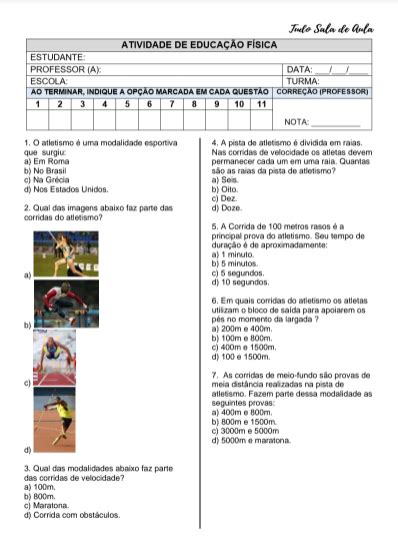 Atividade Prova De Educa O F Sica Atletismo Corridas Quest Es