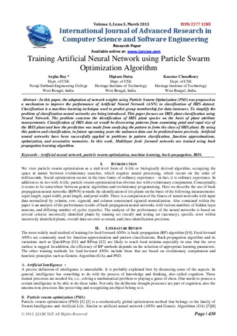 pdf training artificial neural network using particle swarm optimization algorithm kaustav
