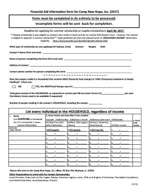 Fillable Online Financial Assistance Form Camp New Hope Fax Email
