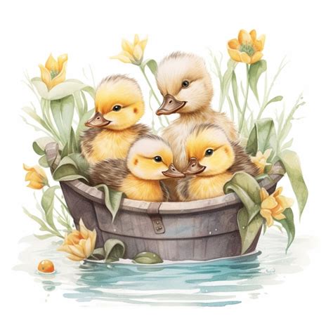 Premium AI Image A Watercolor Painting Of Three Ducks In A Tub