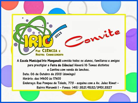 INFOIRIO CONVITE PARA A FEIRA DE CIÊNCIAS DA E M IRIO MANGANELLI