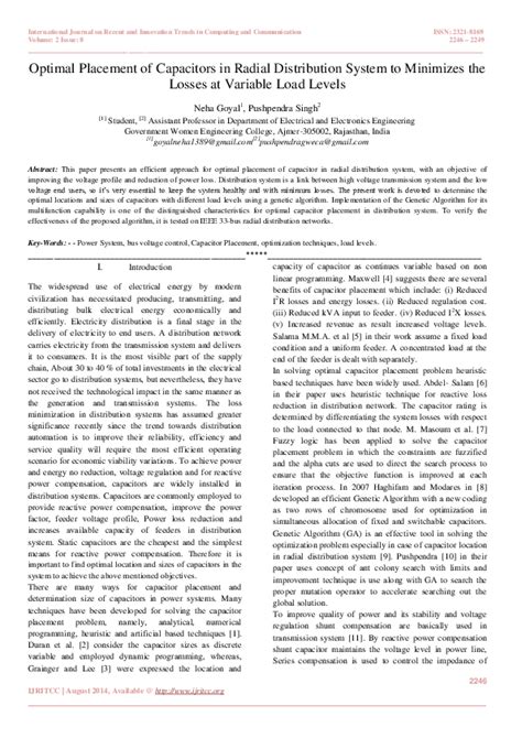 pdf optimal placement of capacitors in radial distribution system to minimizes the losses at