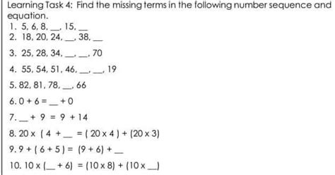 solved learning task 4 find the missing terms in the following number sequence and equation 1