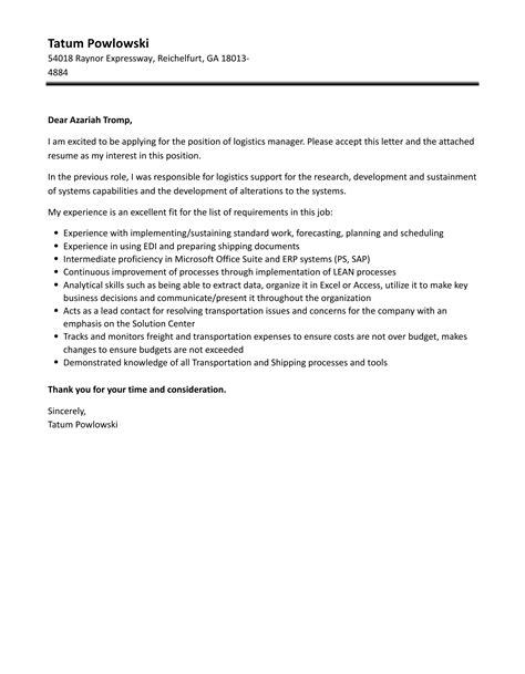 Logistics Manager Cover Letter