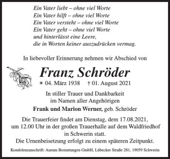 Traueranzeigen von Franz Schröder Trauer Nordkurier