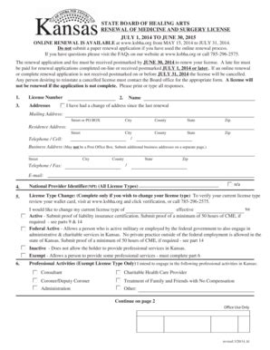 Fillable Online Ksbha RENEWAL OF MEDICINE AND SURGERY LICENSE Ksbha