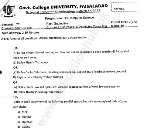 Parallel Distributed Computing Bscs Gcuf Past Paper Education Hub
