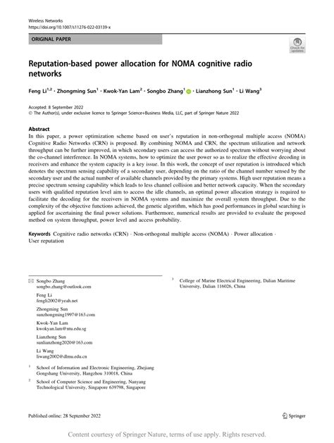 reputation based power allocation for noma cognitive radio networks request pdf