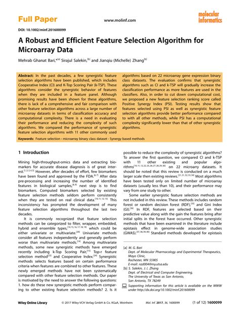 pdf a robust and efficient feature selection algorithm for microarray data