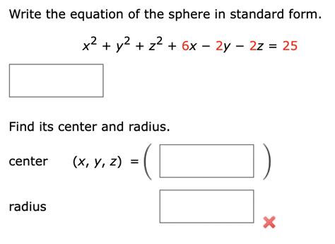 solved write the equation of the sphere in standard form