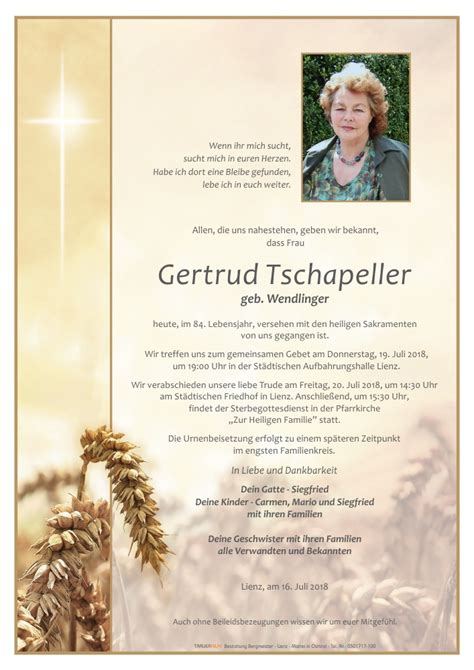 Todesanzeige Gertrud Tschapeller Trauer Link