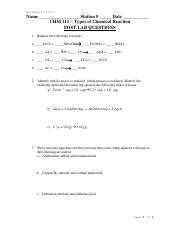 Post Lab CHM 111 Types Of Chemical Reaction 2 Pdf Revised 11 10 17