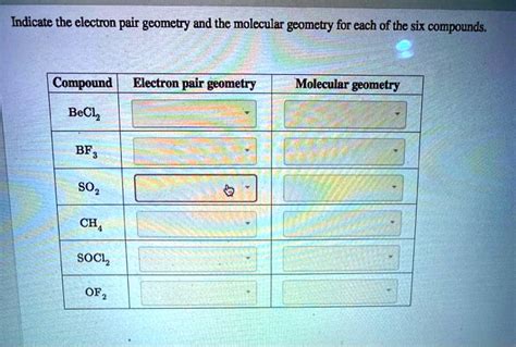 SOLVED Compound Electron Pair Geometry Molecular Geometry BeCl2 BF3