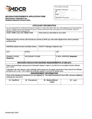 Fillable Online Michigan Endorsements Application Form State Of