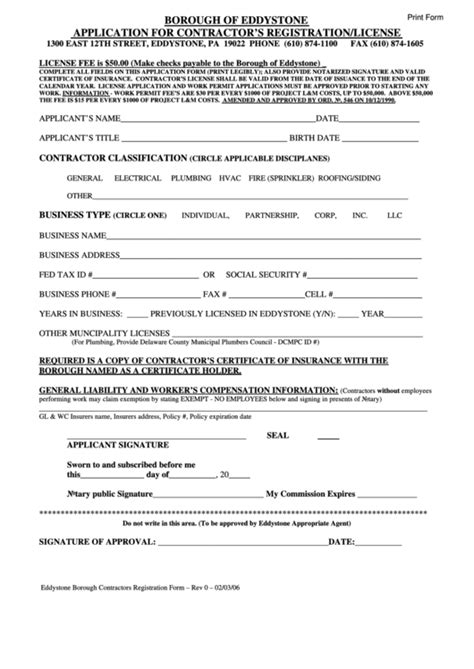 Fillable Application For Contractor S Registration License Borough Of