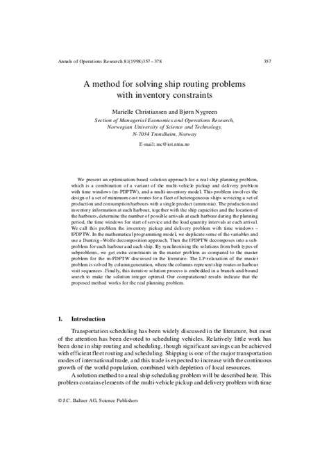 pdf a method for solving ship routing problems with inventory constraints marielle